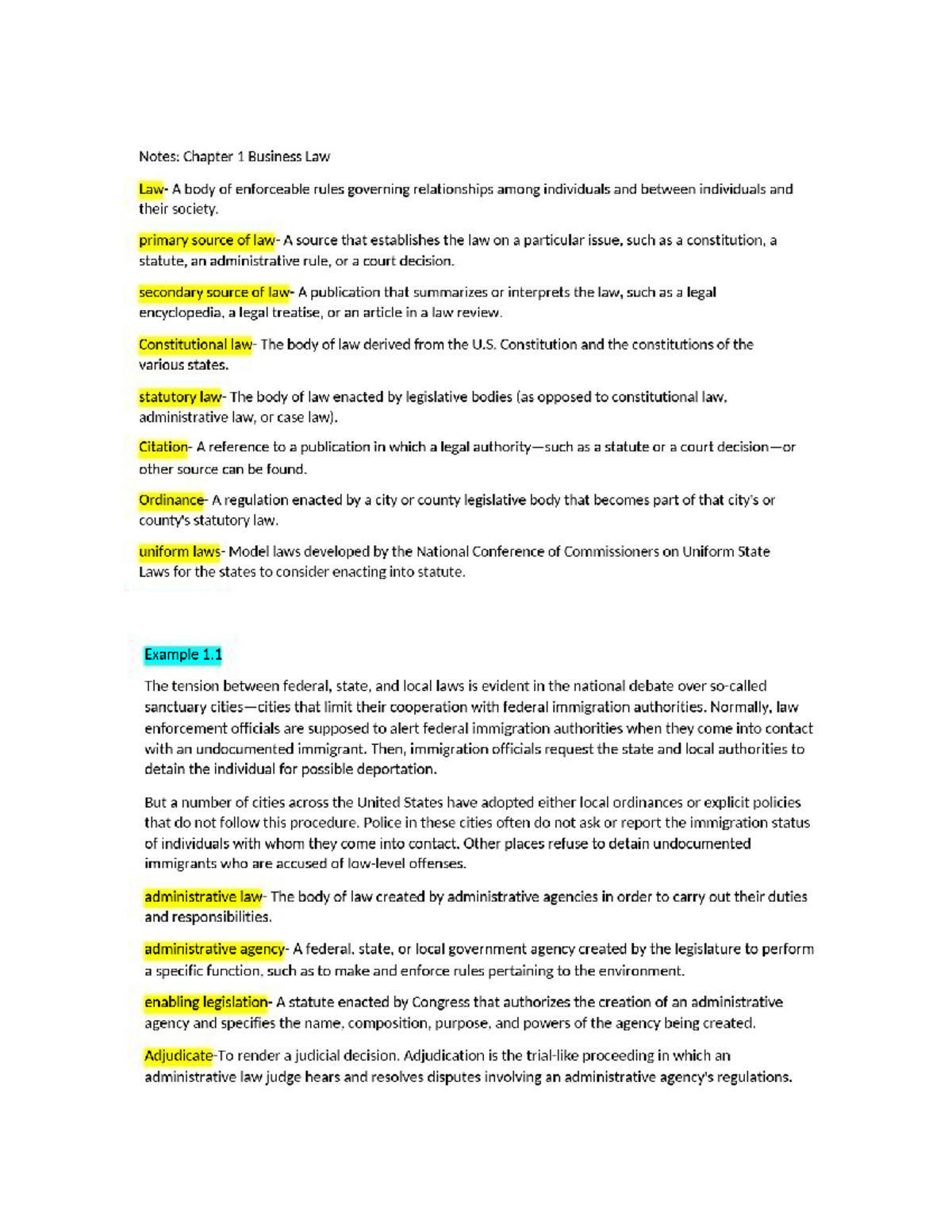 Business LAw notes - Notes: Chapter 1 Business Law Law- A body of ...