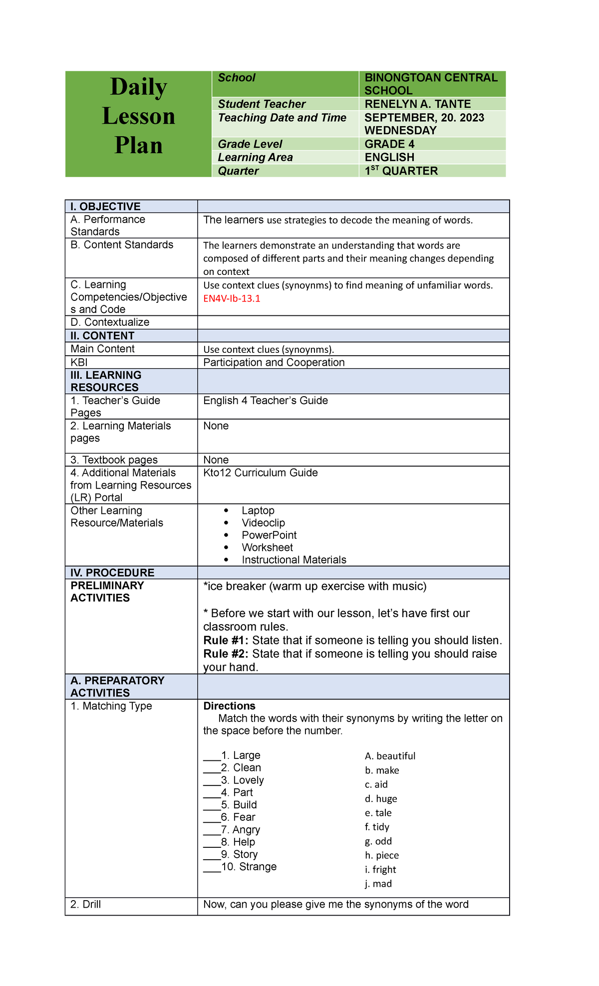 DLP ENGL - dcZCzxc - Daily Lesson Plan School BINONGTOAN CENTRAL SCHOOL ...