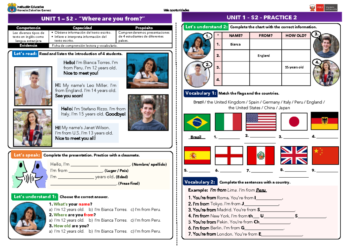 UNIT 1 - Reading 2 - Ciclo VI - 2024 - UNIT 1 – S 2 - “Where are you from?” UNIT 1 – S2 ...