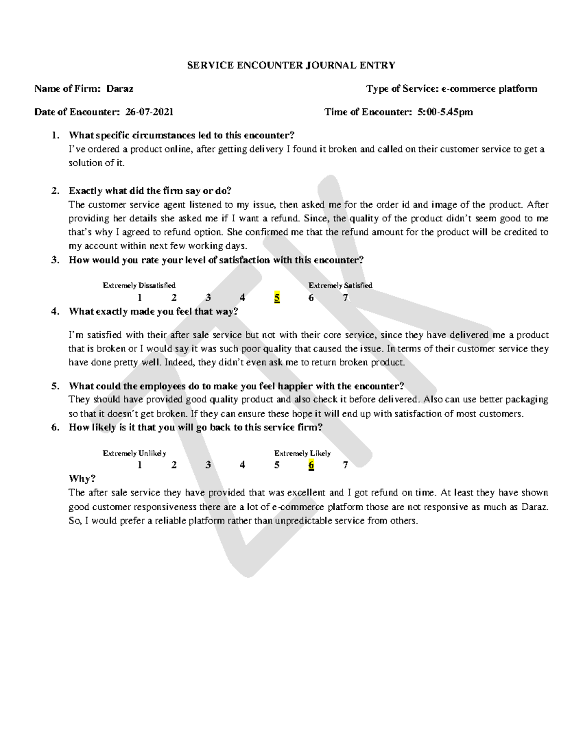 Service encounter journal - Name of Firm: Daraz Type of Service: e ...