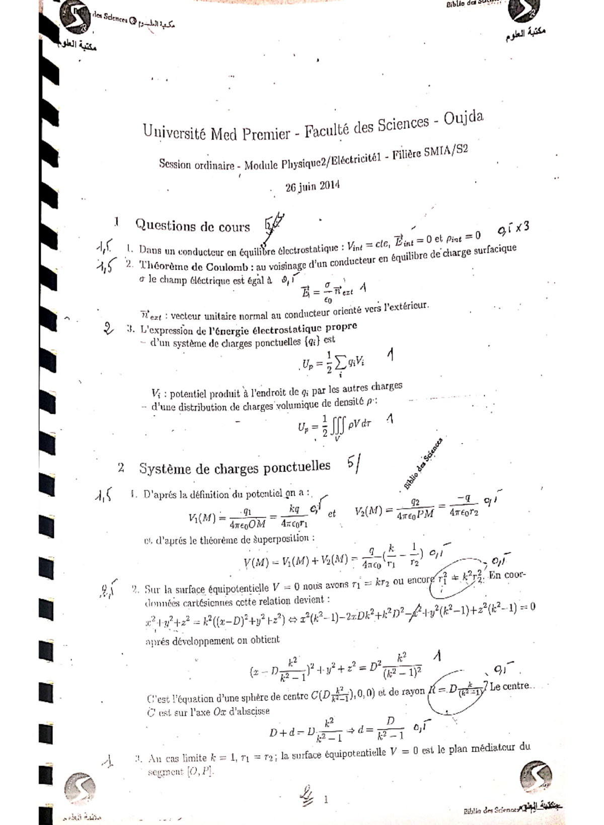 Electrostatique Exam 2013-2014 Normal Correction - Algèbre - Studocu