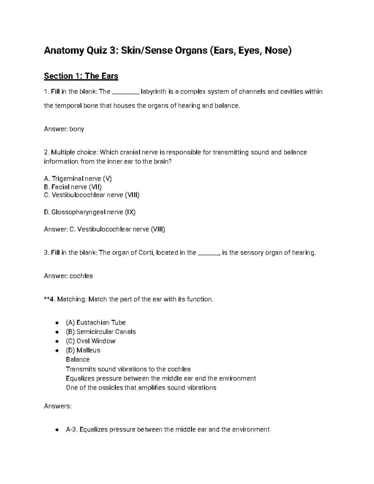 Anatomy Quiz 3 - Skin and Sense Organs (Ears, Eyes, Nose) - Anatomy ...