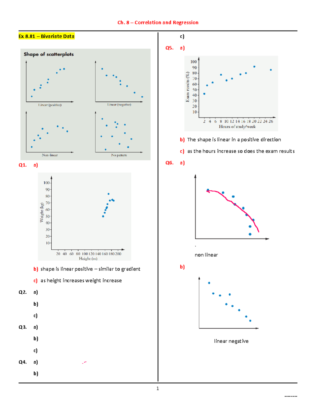 Solution chapter-8-Correlation and regression - 1 Ex 8 – Bivariate Data Q1. a) b) shape is ...
