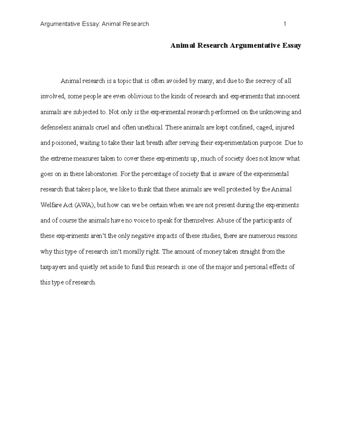 Animal Research Argumenitive Outline and Essay-Engl 100 - ENGL 100 - LU ...