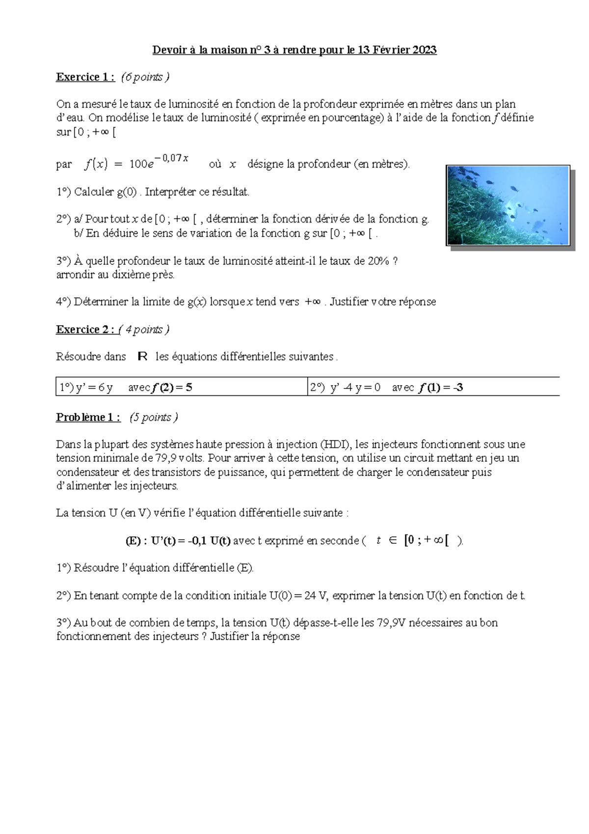 DM n°3 2023 - Devoir à la maison n° 3 à rendre pour le 13 Février 2023 Exercice 1 : (6 points ...