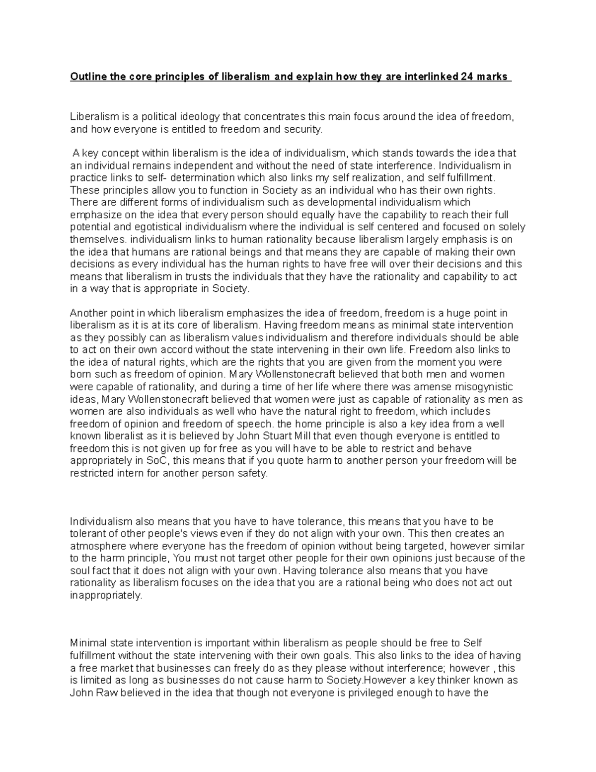 Outline the core principles of liberalism and explain how they are ...