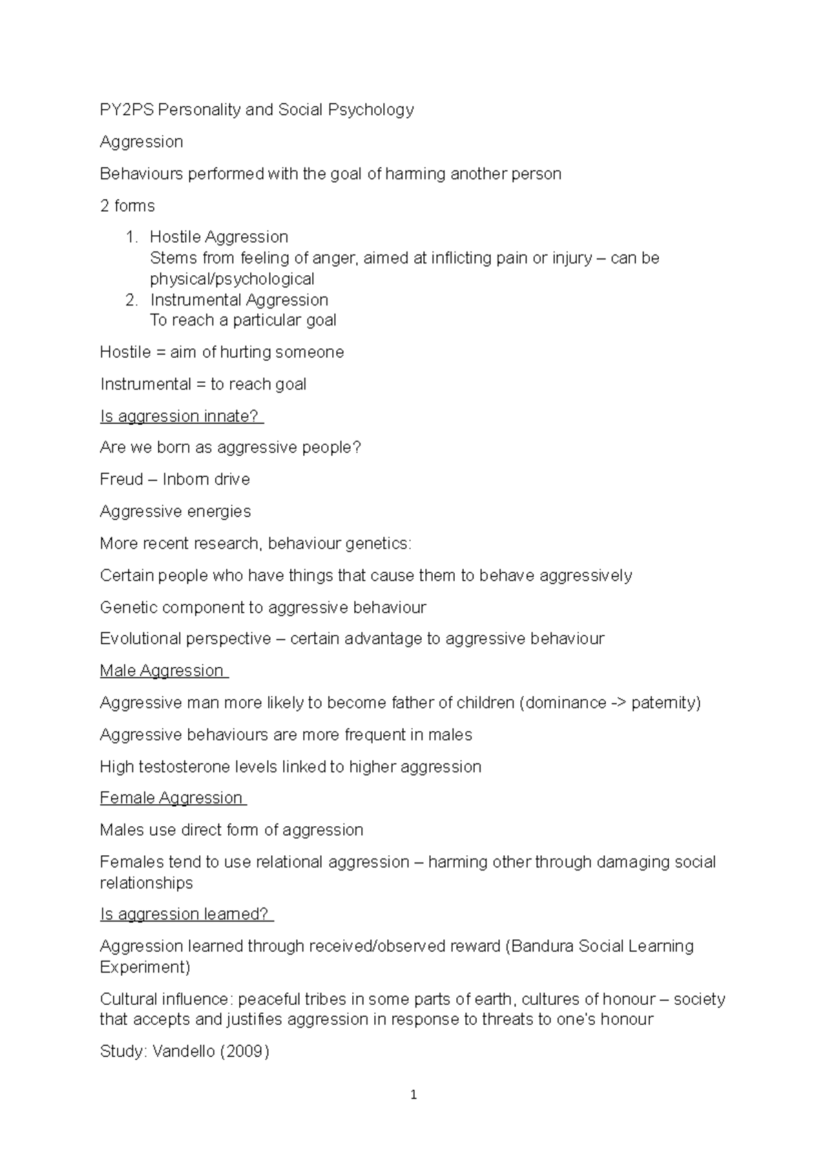 Lecture 2 Aggression - PY2PS Personality and Social Psychology ...