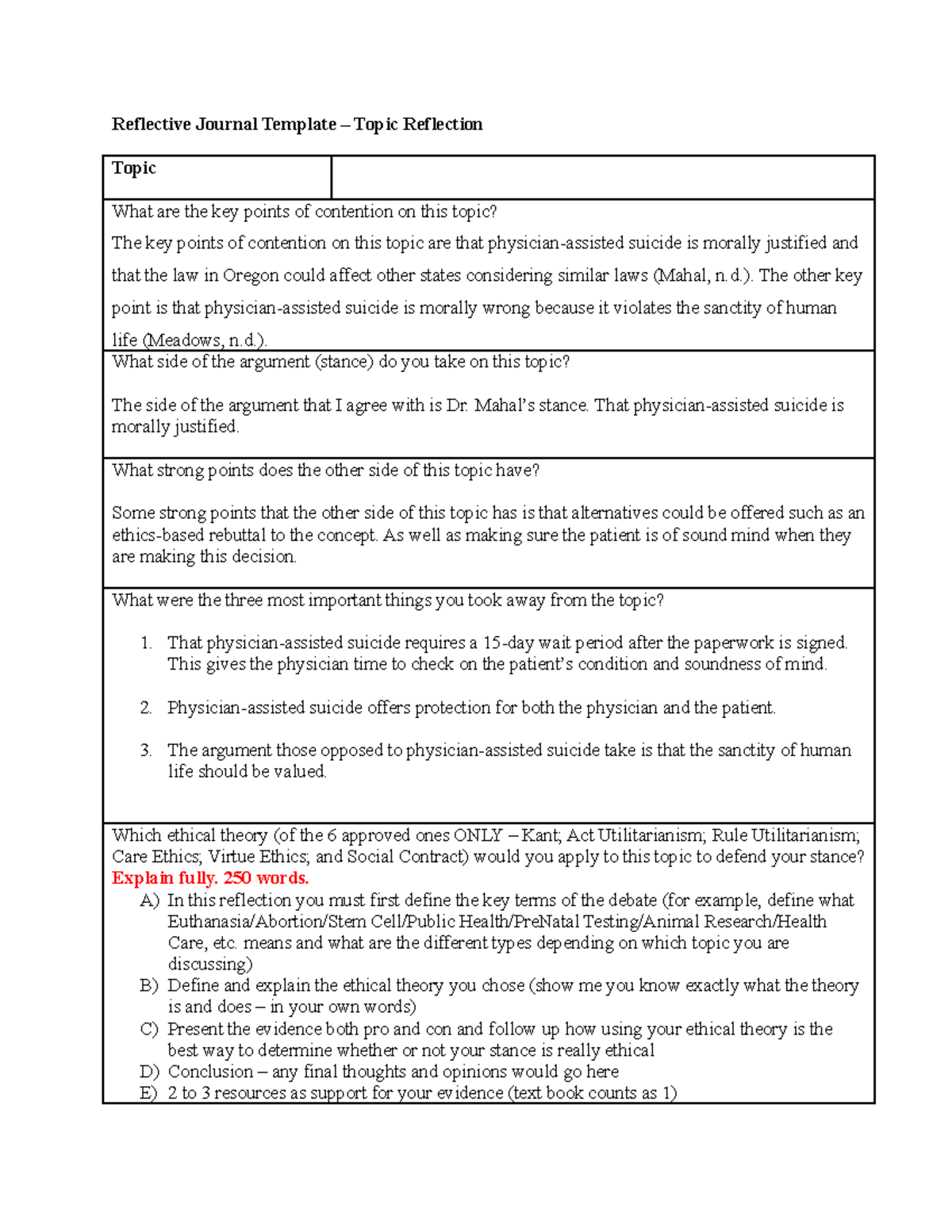 Death with Dignity Scenario Reflection - Reflective Journal Template ...