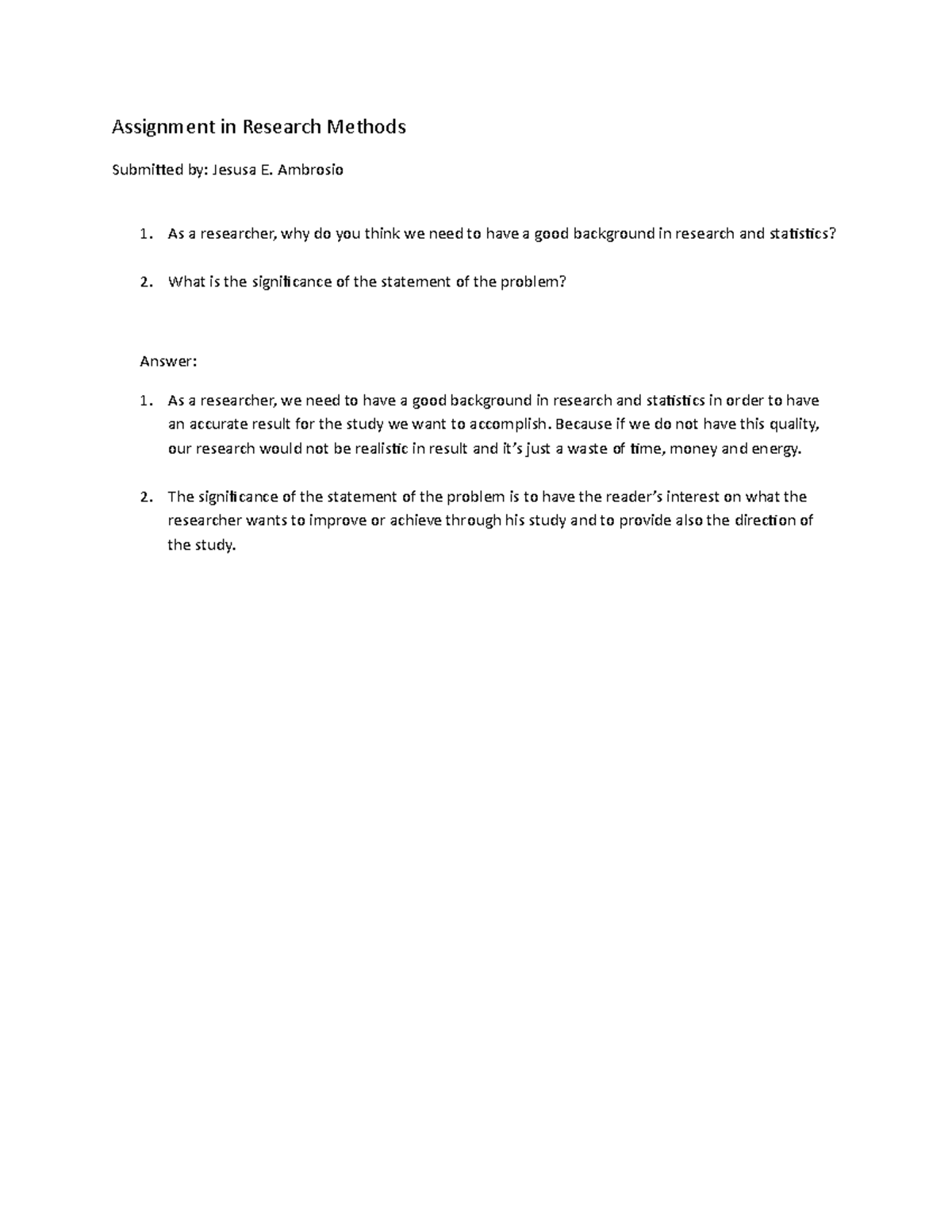 Assignment in Research Methods 2 - Assignment in Research Methods ...