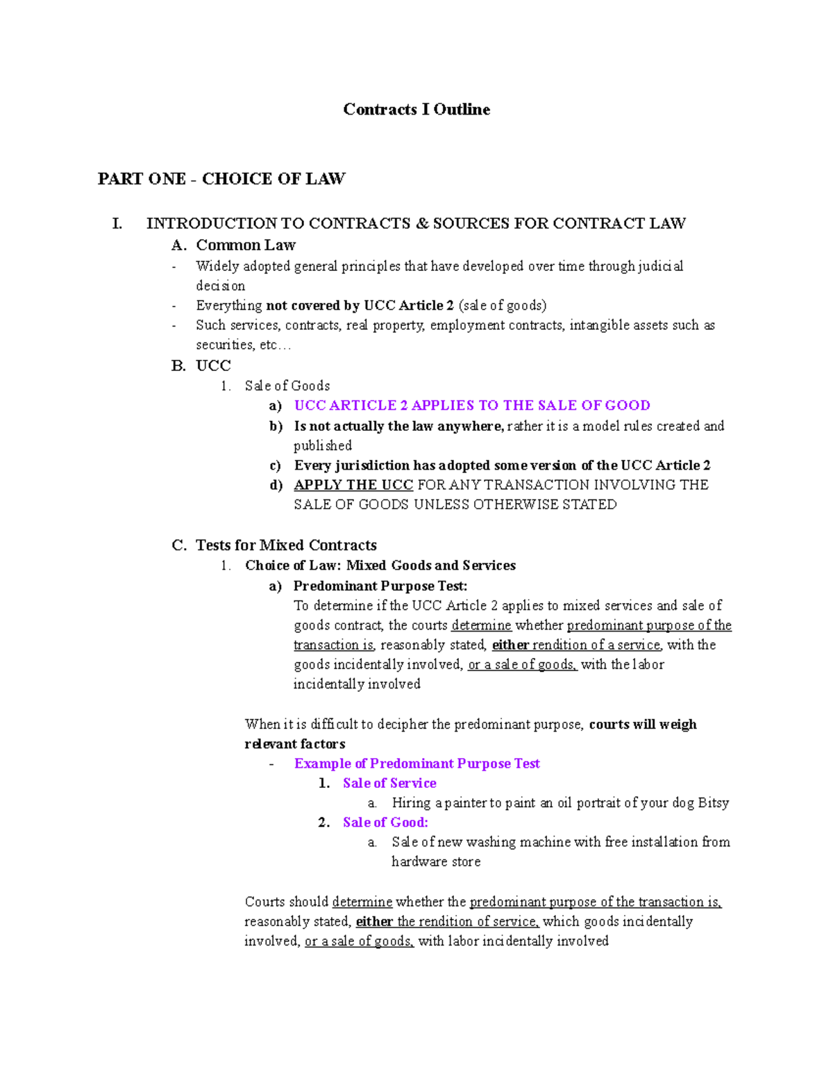 Final Contracts Outline - Contracts I Outline PART ONE - CHOICE OF LAW I. INTRODUCTION TO ...