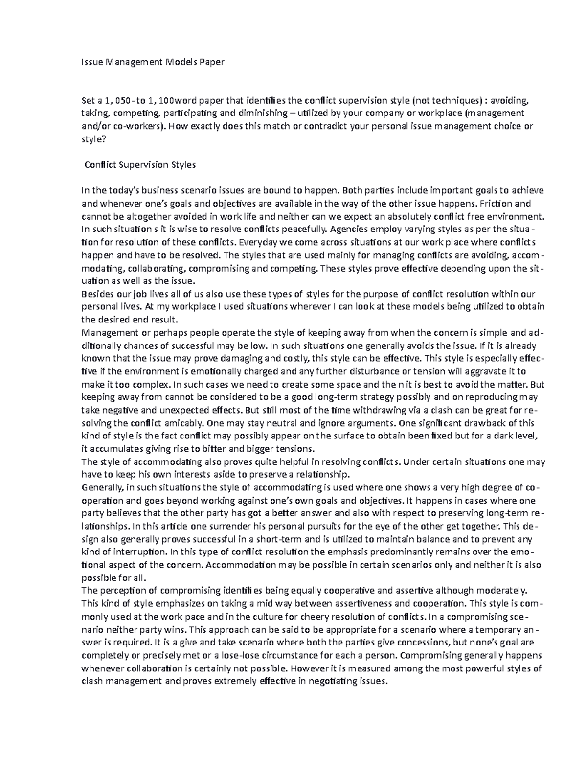 Conflict Management Styles Paper Write a 1,050- to 1,100word paper that ...