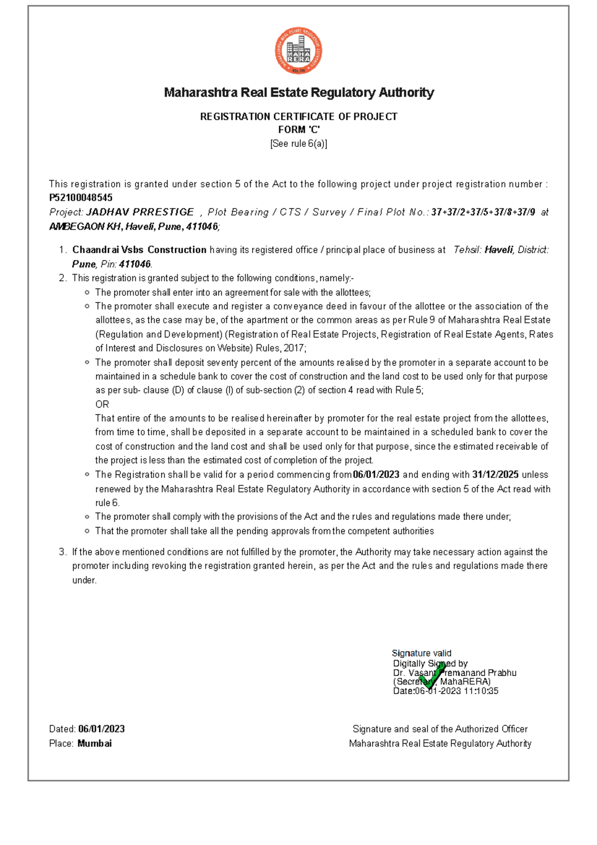 P52100048545 - awra - Dated: 06/01/ Place: Mumbai Signature and seal of ...