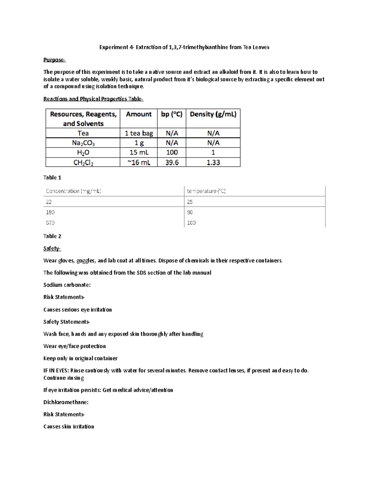 CHEM 3105 Lab 4 Report - Experiment 4- Extraction of 1,3,7-trimethylxanthine from Tea Leaves ...