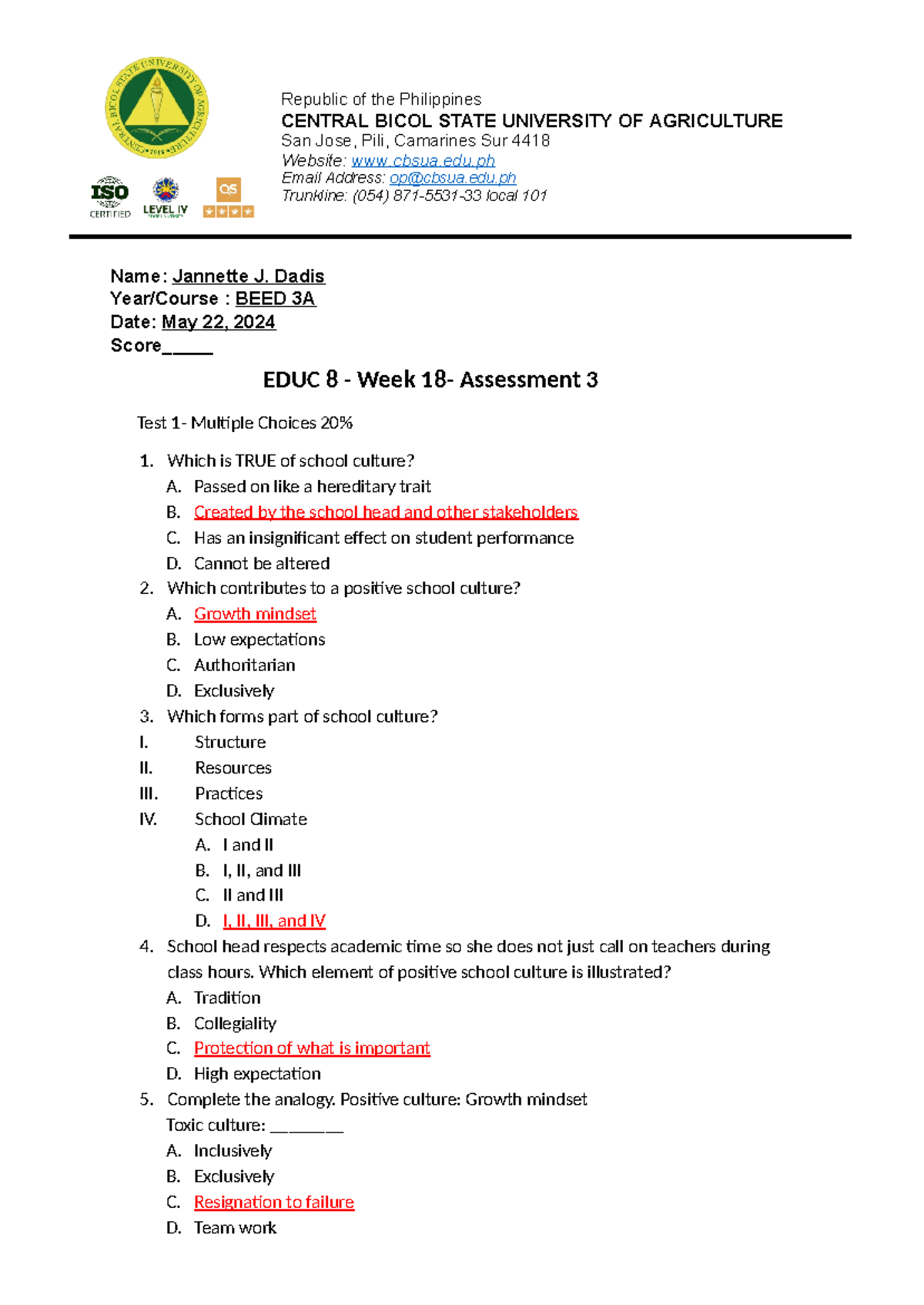 Assessment-3 in Educ 8 - Name: Jannette J. Dadis Year/Course : BEED 3A ...