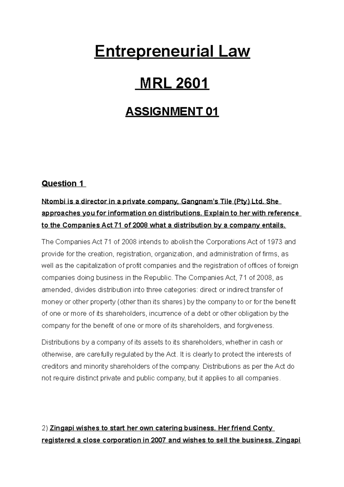 MRL 2601 assignment 2 - semester 1 asignments - Entrepreneurial Law MRL ...