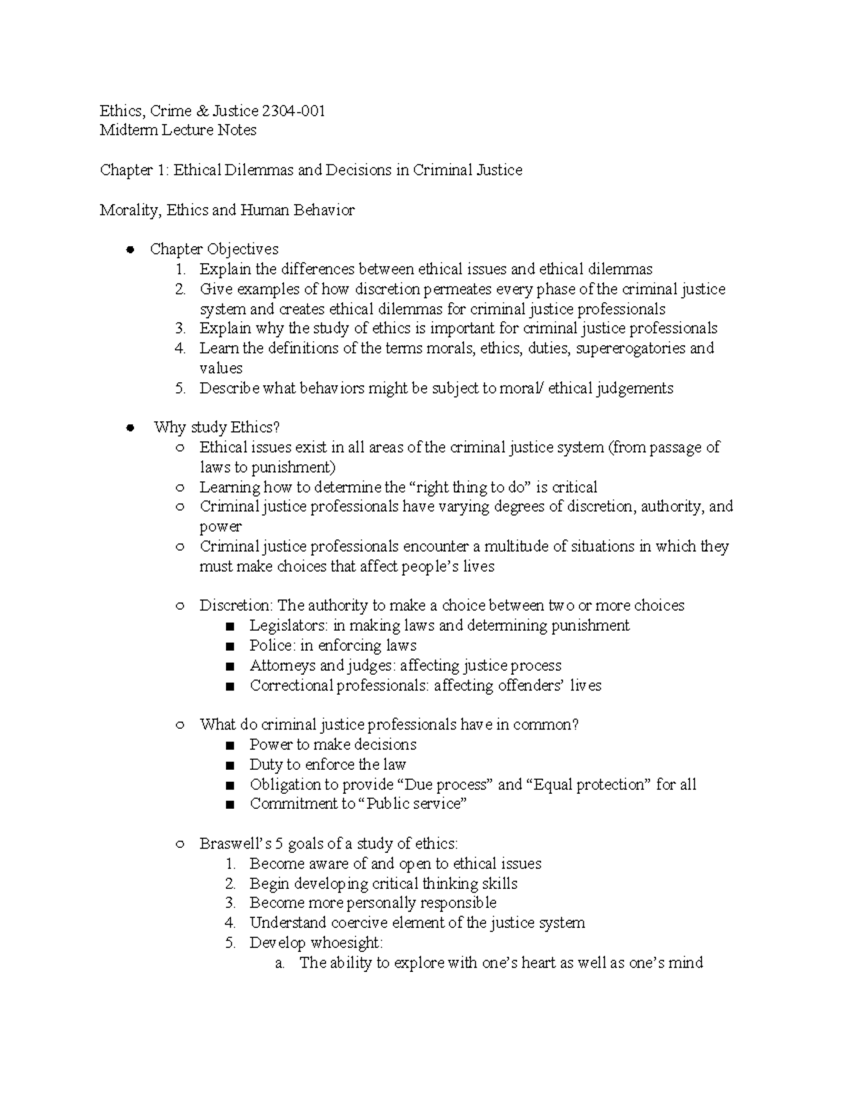 CJ 2304 Midterm Lecture Notes PART 1 - Ethics, Crime & Justice 2304 ...