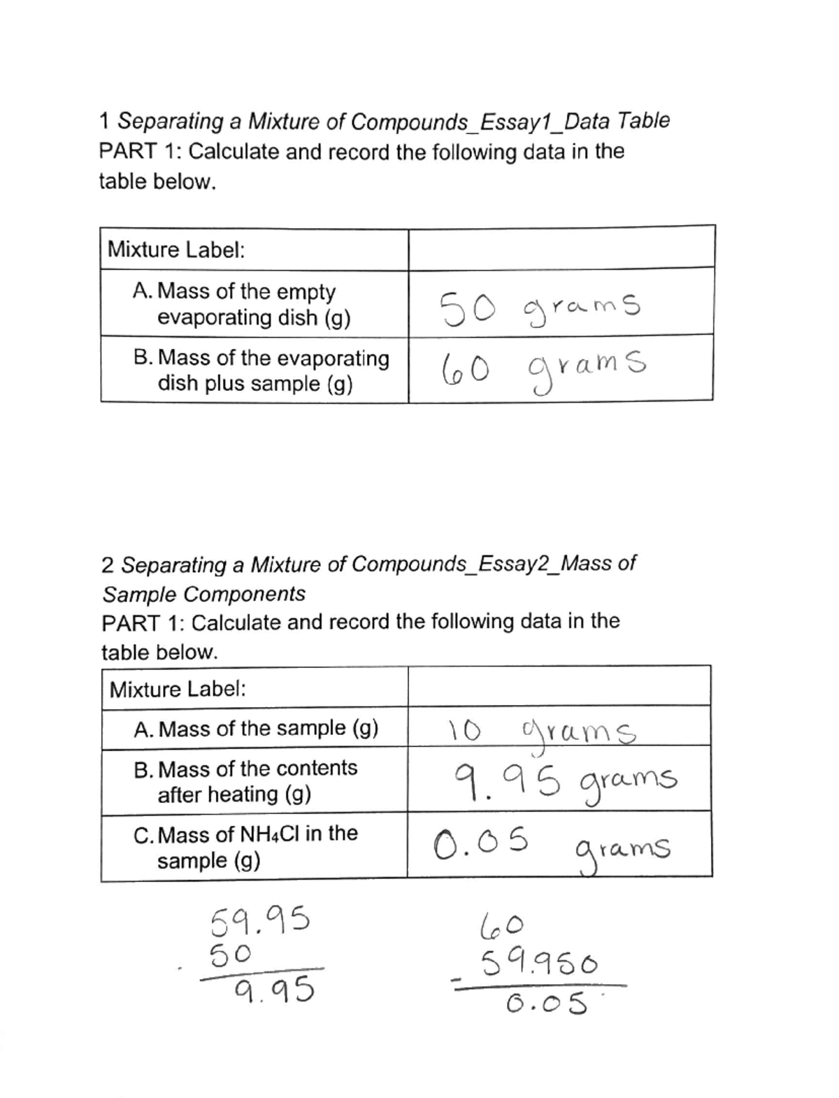 Separating a Mixture of Compounds - 1 Separating a Mixture of Compounds_Essay1_Data Table PART 1 ...