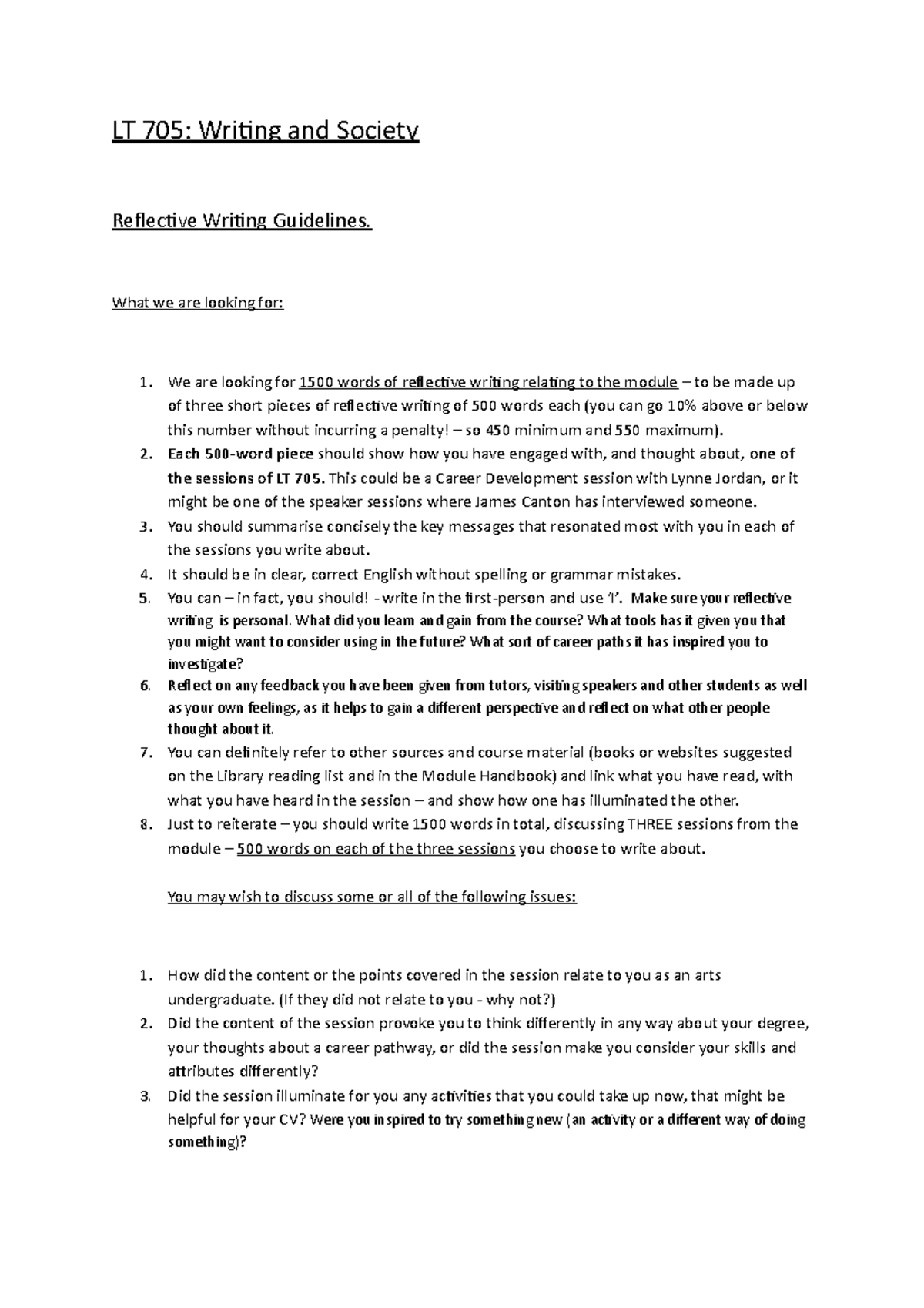 LT705 Reflective Writing Assessment guidelines - LT 705: Writing and ...