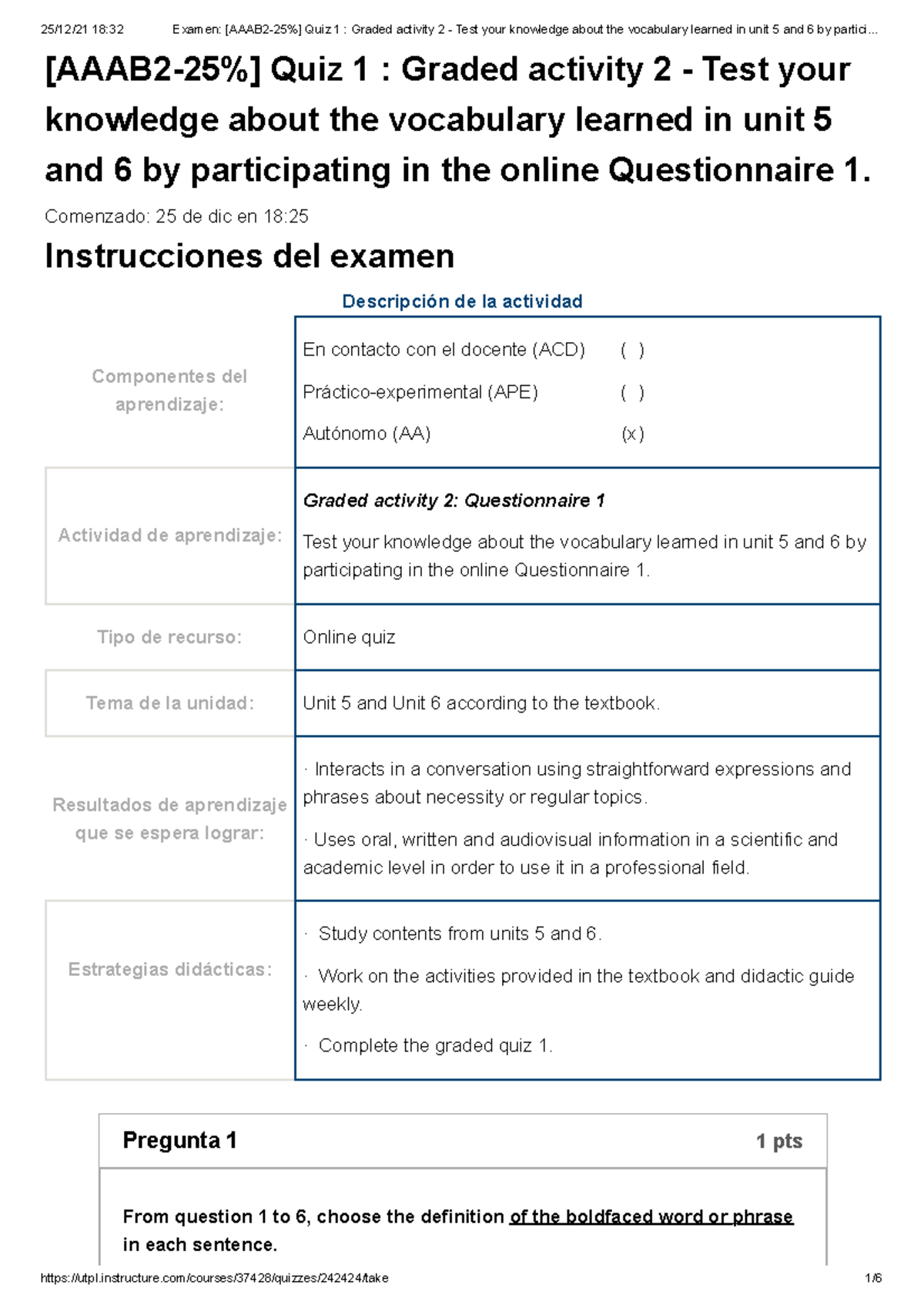 Cuestionary 1 Listenig and speaking Second - [AAAB2-25%] Quiz 1 ...