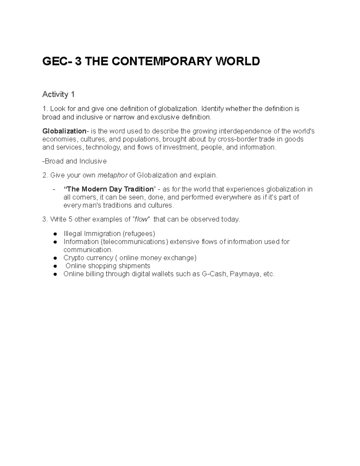 GEC- 3 Act 1- Globalization - GEC- 3 THE CONTEMPORARY WORLD Activity 1 ...