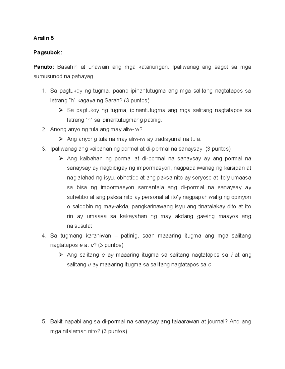 Aralin 5 AT 2 Pagsubok - N/A - Aralin 5 Pagsubok: Panuto: Basahin at ...