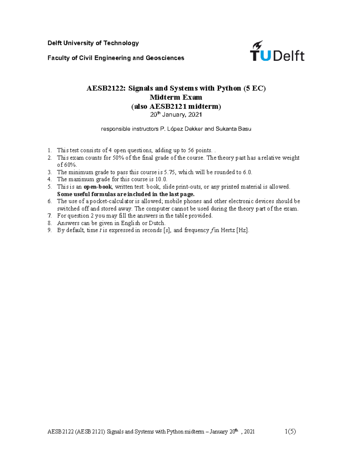Signals And Systems Exam 2021 01 20 Th Delft University Of Technology Faculty Of Civil