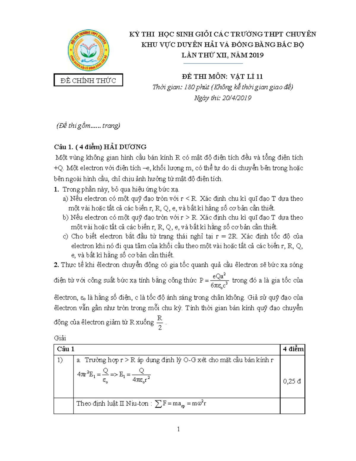 DHBB 2019 LÝ 11 DE DAP AN Chính THỨC - (Đề thi gồm...... trang) KỲ THI HỌC SINH GIỎI CÁC TRƯỜNG ...