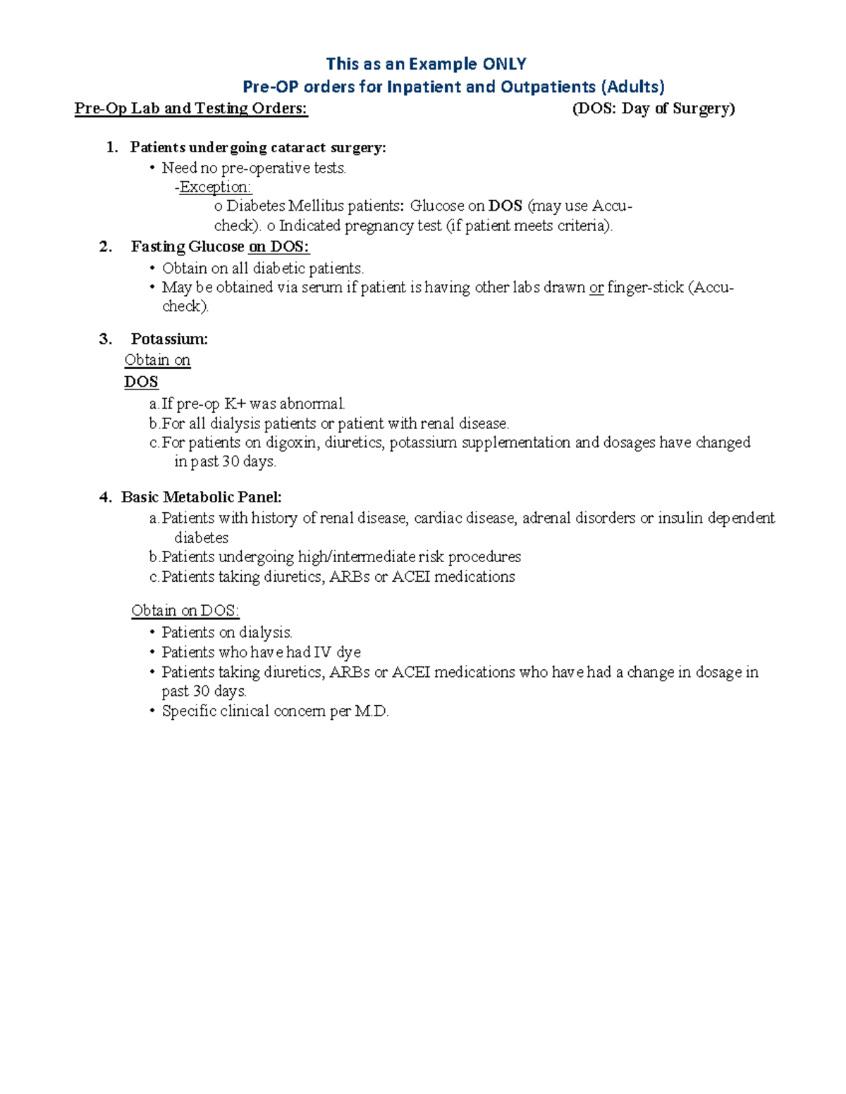 Pre-OP Orders - Please feel free to use it. - This as an Example ONLY ...