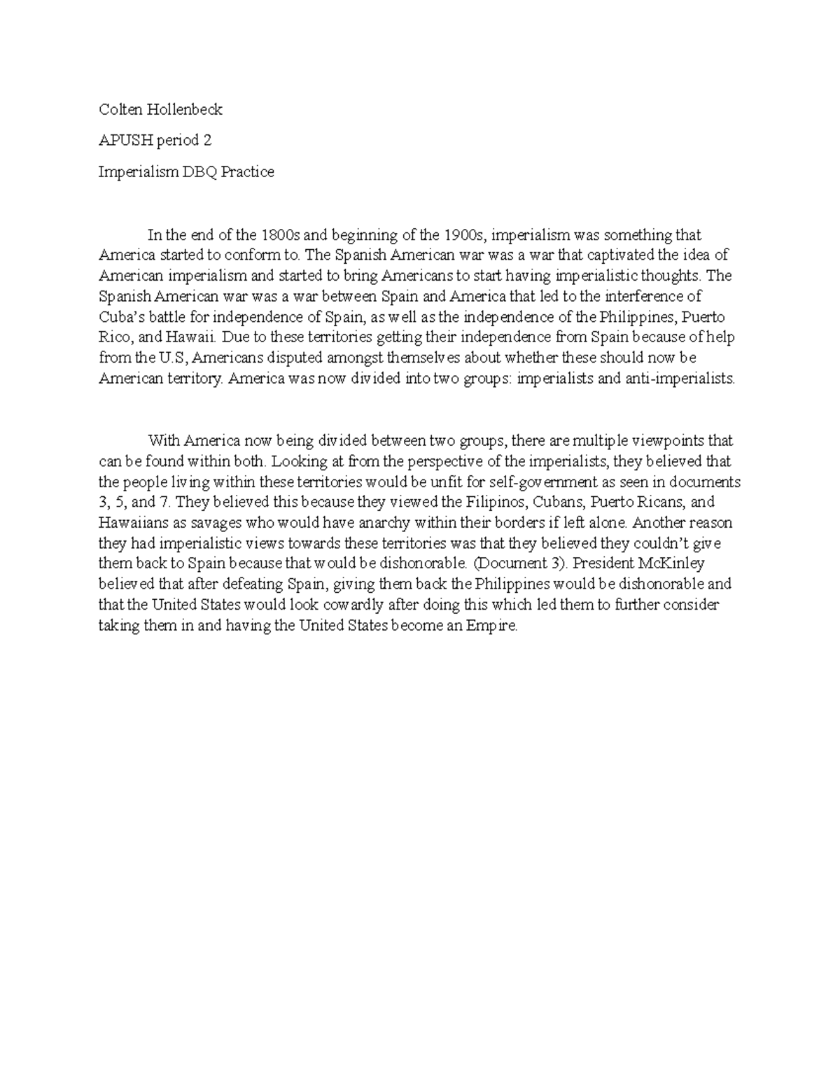 Imperialism DBQ practice - Colten Hollenbeck APUSH period 2 Imperialism ...