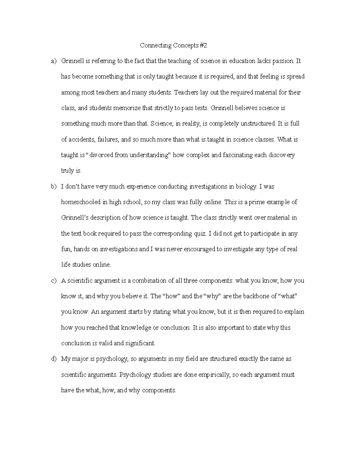 BSC1005 Connecting Concepts #2 - Connecting Concepts #2 a) Grinnell is ...