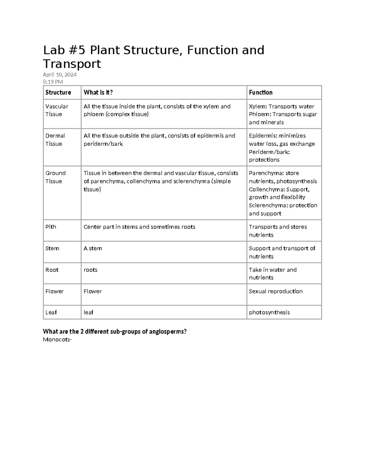 Lab #5 - Summary Physiology and Cell Biology - Lab #5 Plant Structure ...