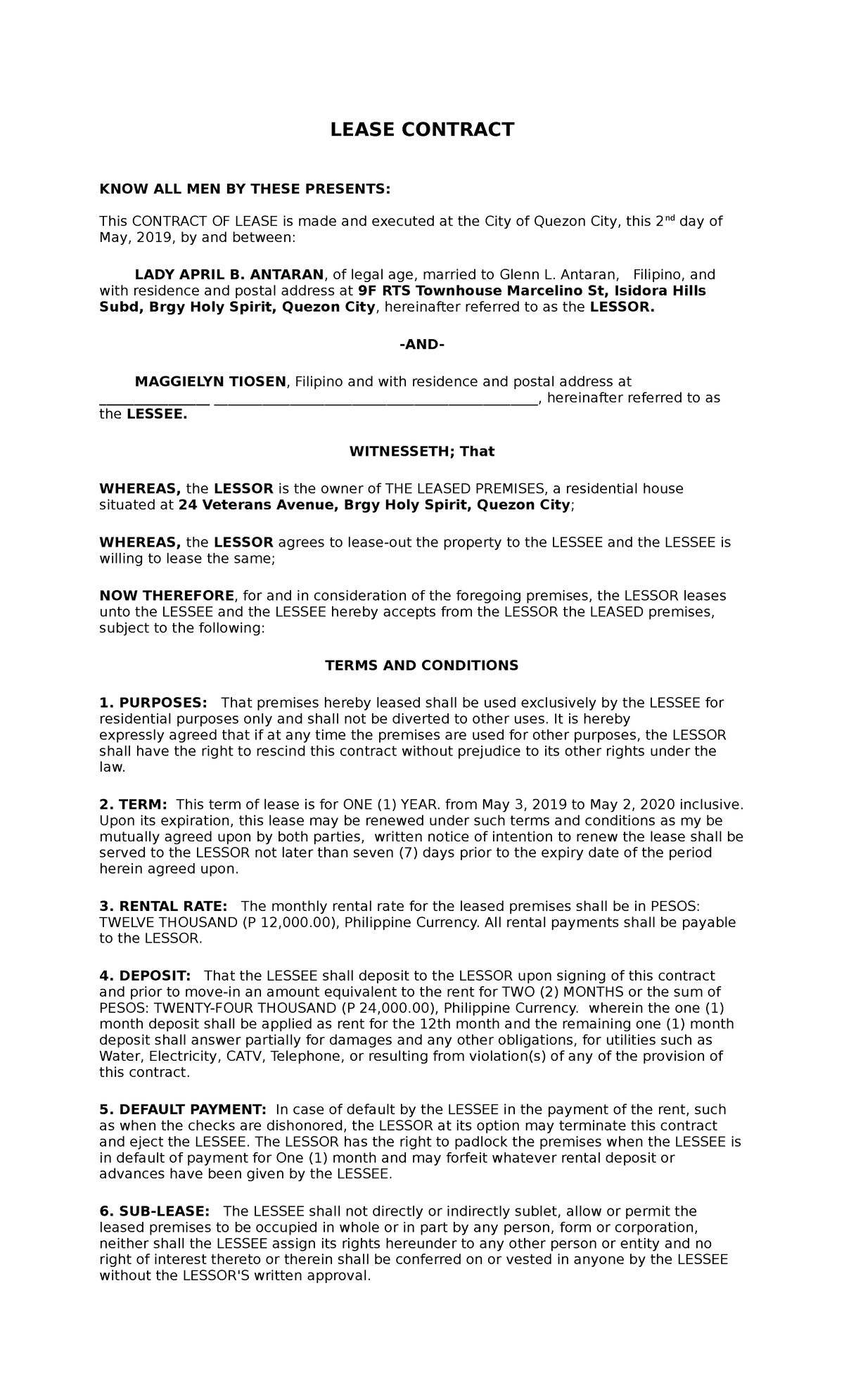 Lease Contract - LEASE CONTRACT KNOW ALL MEN BY THESE PRESENTS: This ...