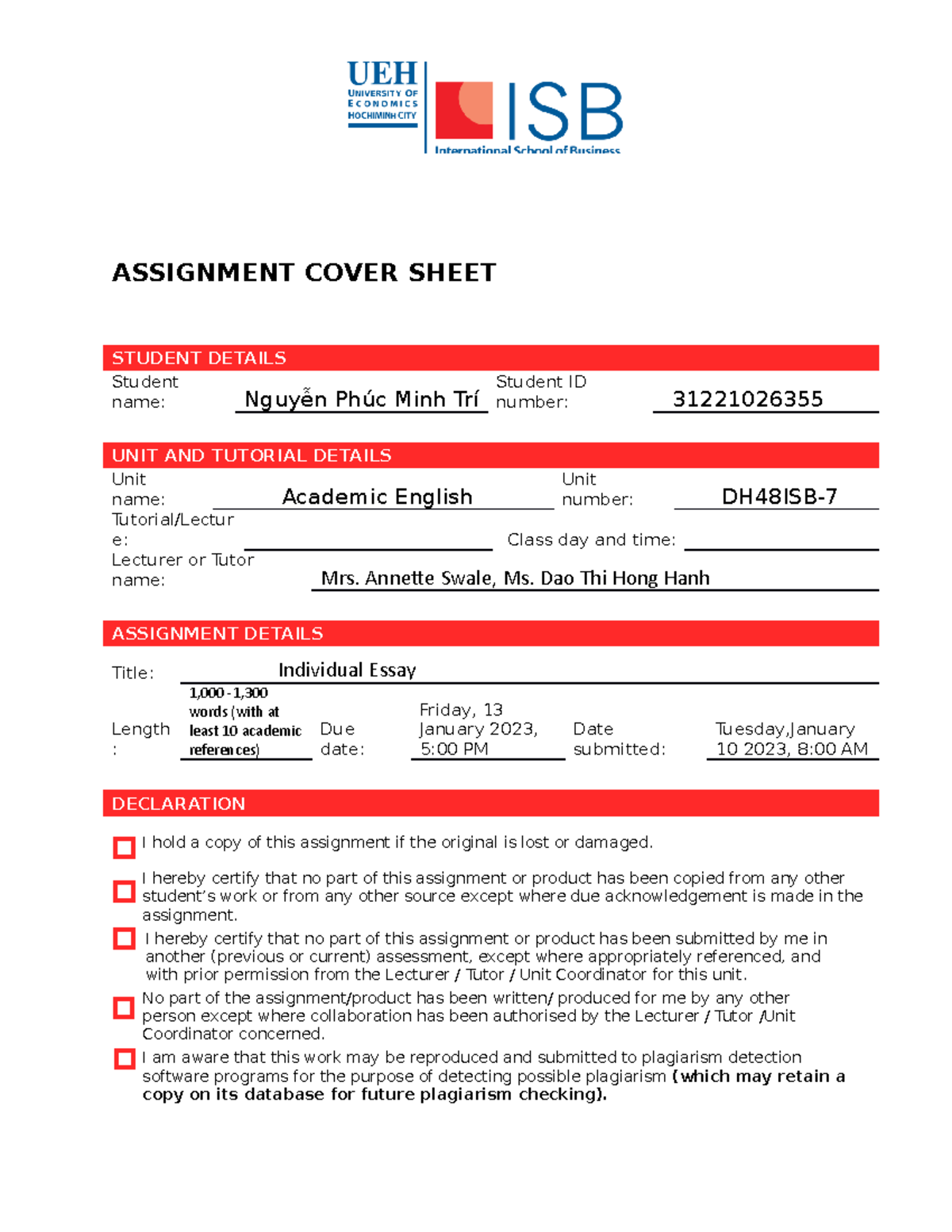 Real version - isb - ASSIGNMENT COVER SHEET STUDENT DETAILS Student ...