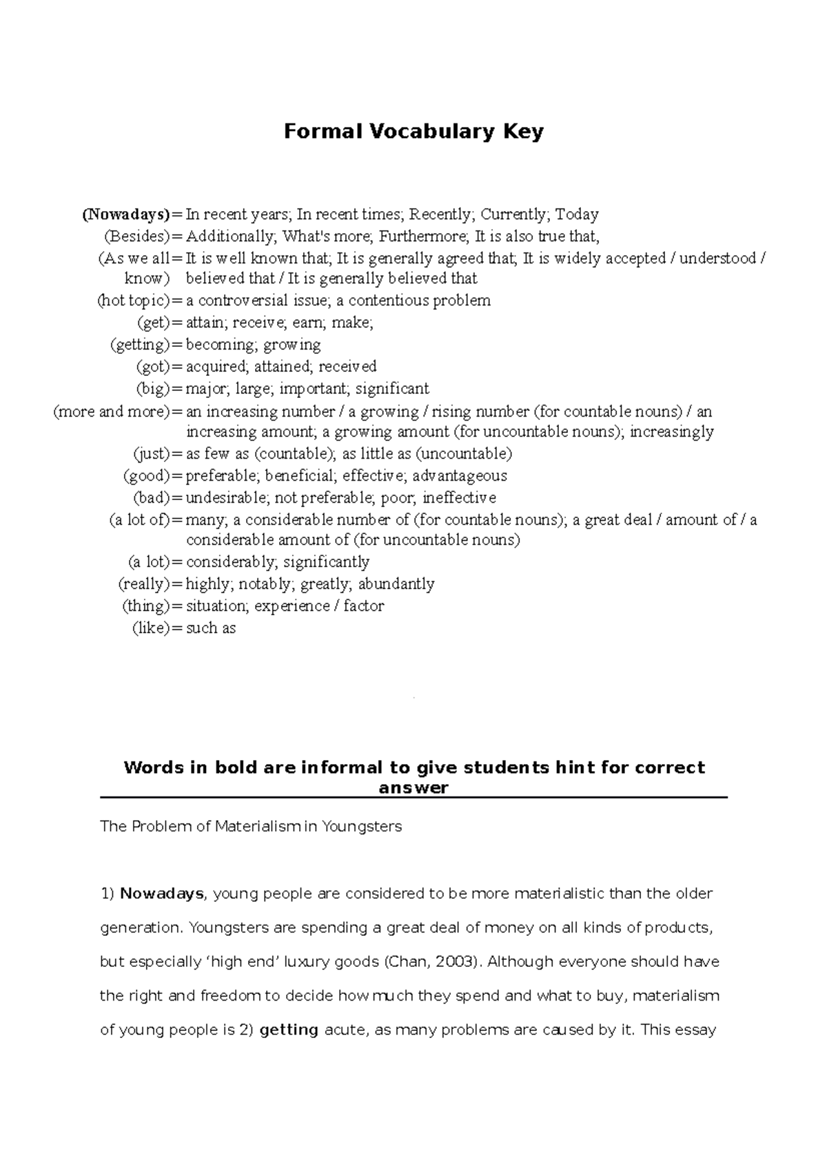 Formal vocabulary key - Formal Vocabulary Key (Nowadays)= In recent ...