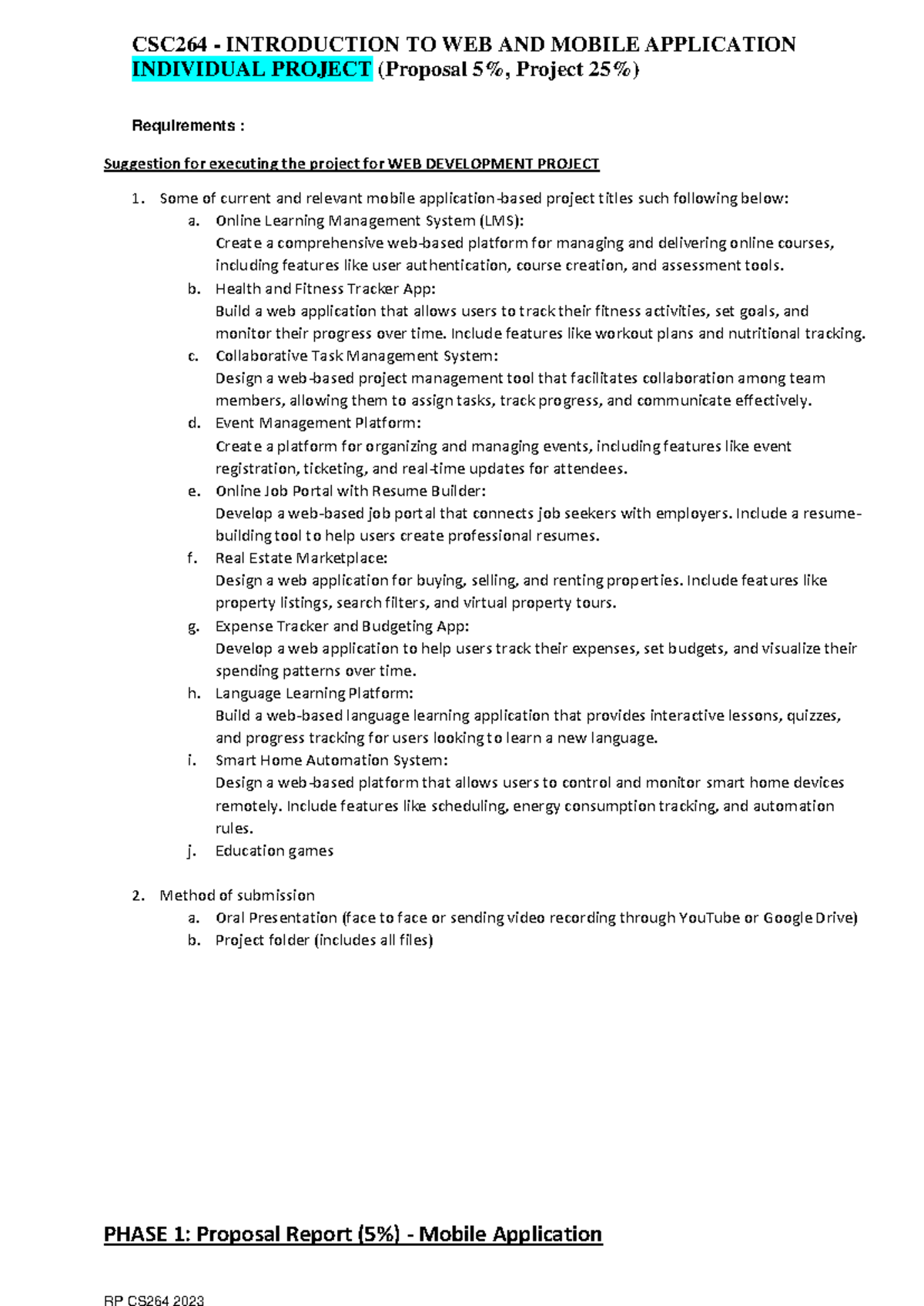 Mar 2024 Individual Project Guidelines CSC264 - RP CS264 2023 CSC264 - INTRODUCTION TO WEB AND ...