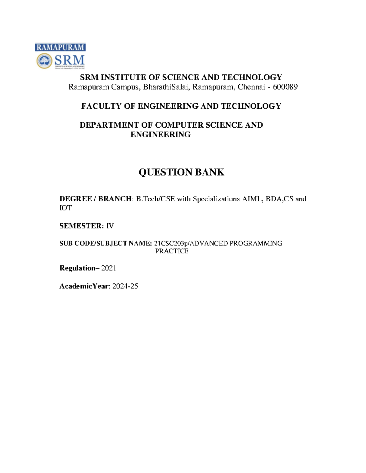 APP Question Bank - SRM INSTITUTE OF SCIENCE AND TECHNOLOGY Ramapuram ...
