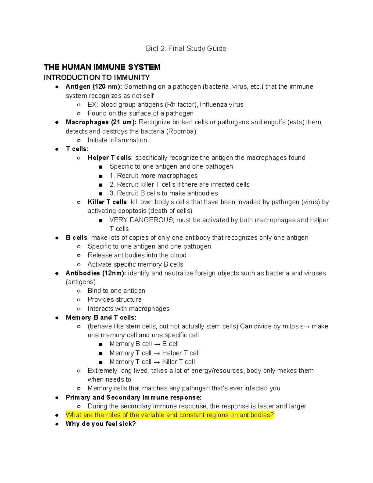 BIOL2 Final Study Guide - Biol 2: Final Study Guide THE HUMAN IMMUNE ...