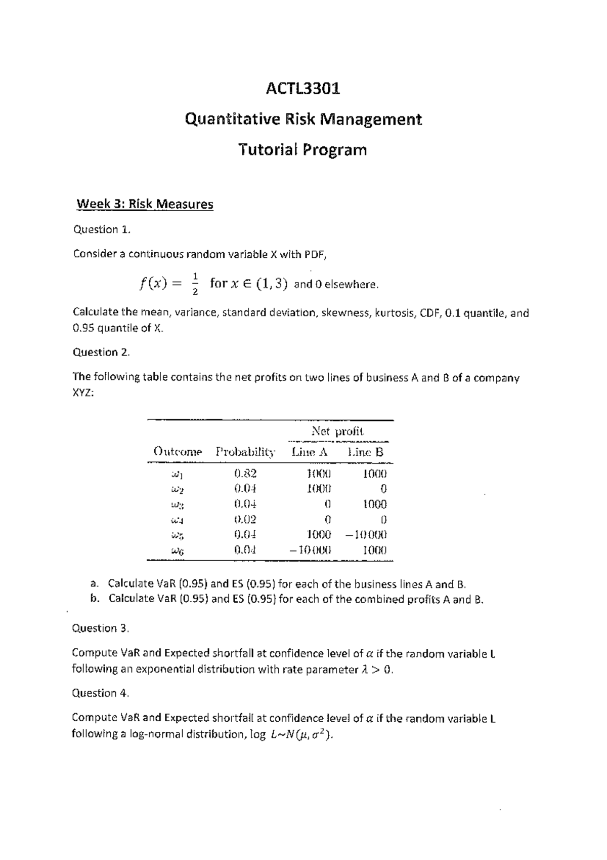 ACTL3301-tutorial 3 suggested answers - ACTL3301 - Studocu