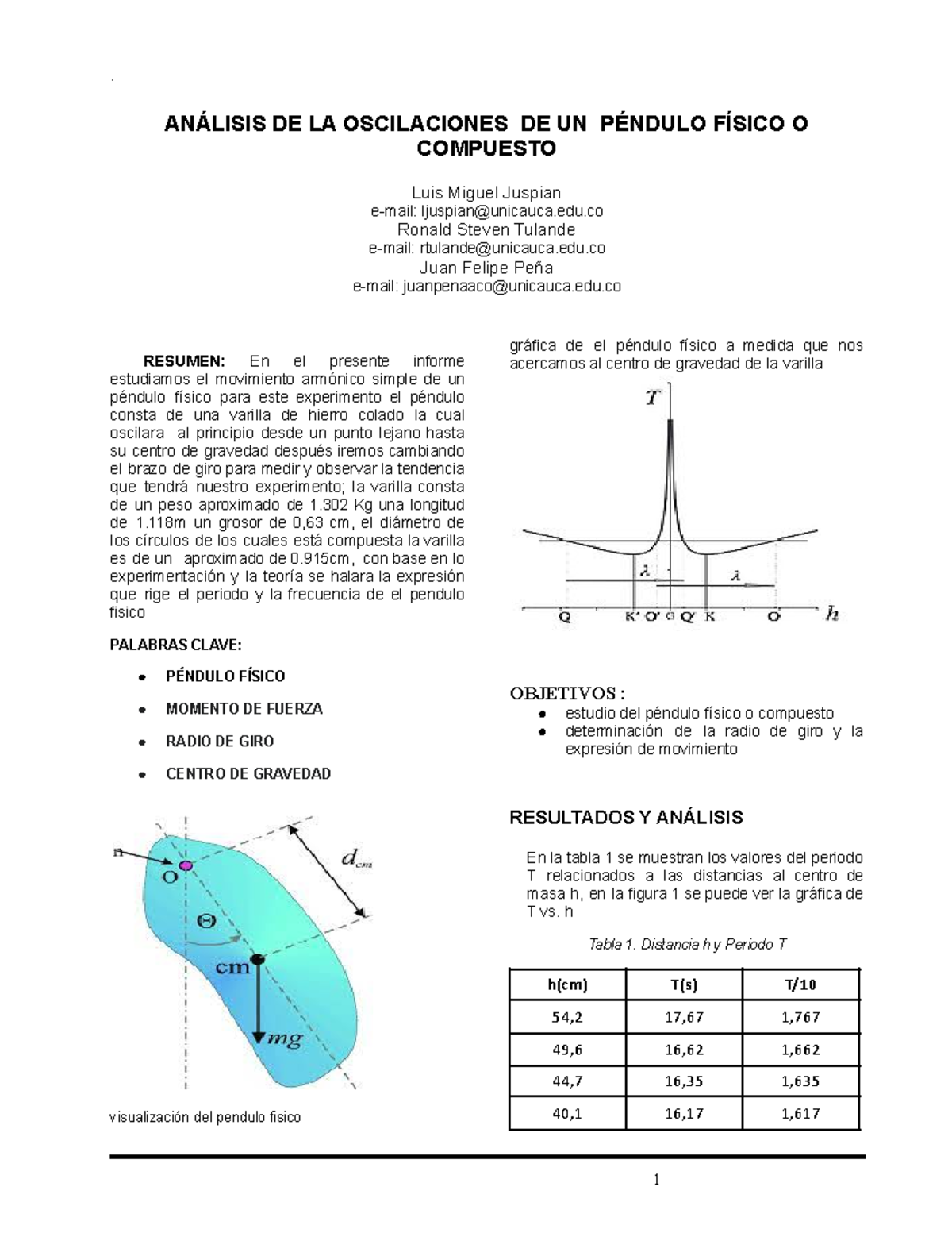 Movimiento de un péndulo físico o compuesto - ANÁLISIS DE LA ...