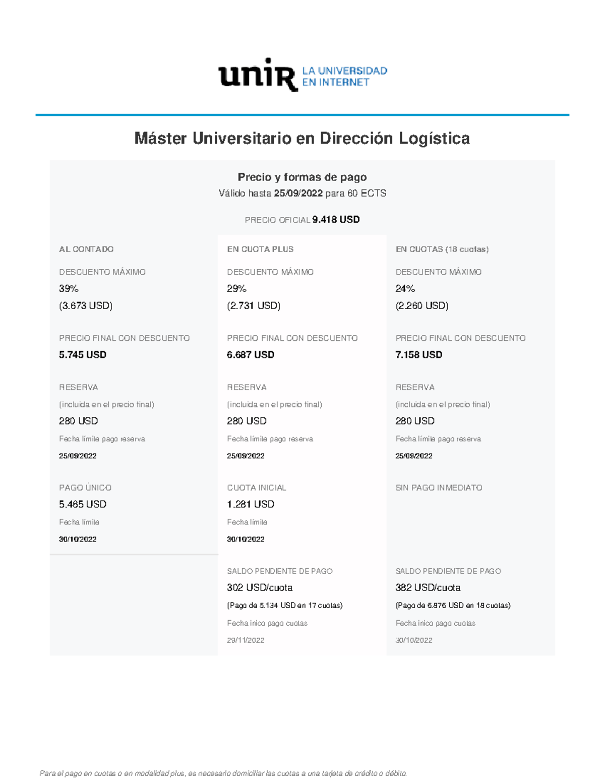 UNIR PDF precios - costos - Para el pago en cuotas o en modalidad plus ...
