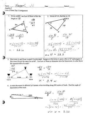 Algebra 2 - Law of Cosines Assignment - Name IJ RZEKi0 Algebra 2 U Law ...