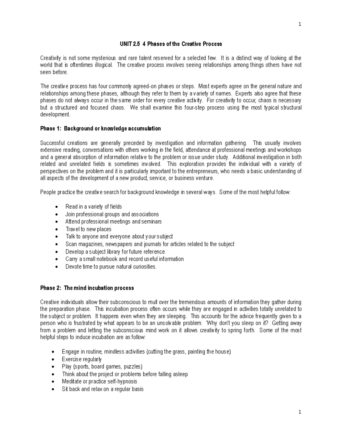 UNIT II Creativity AND Innovativeness Lesson 5 - 1 1 UNIT 2 4 Phases of ...