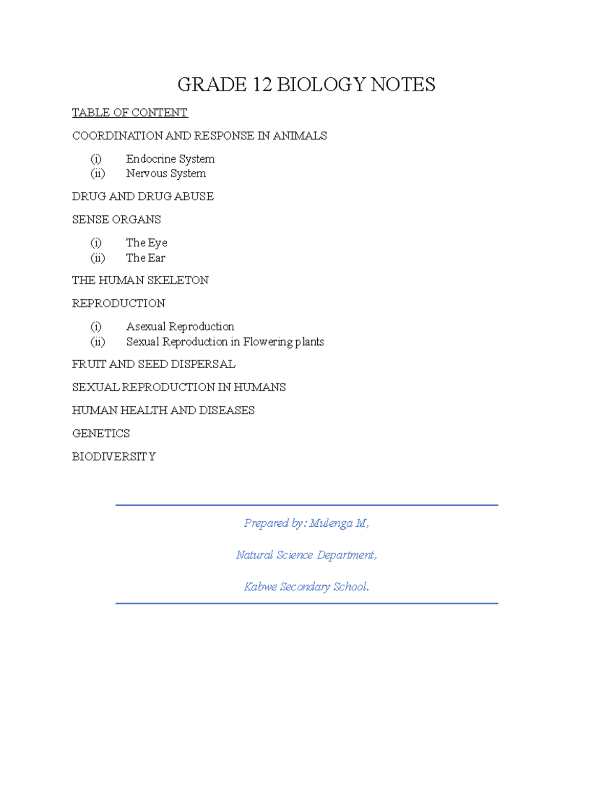 Biology Notes 12 - GRADE 12 BIOLOGY NOTES TABLE OF CONTENT COORDINATION ...