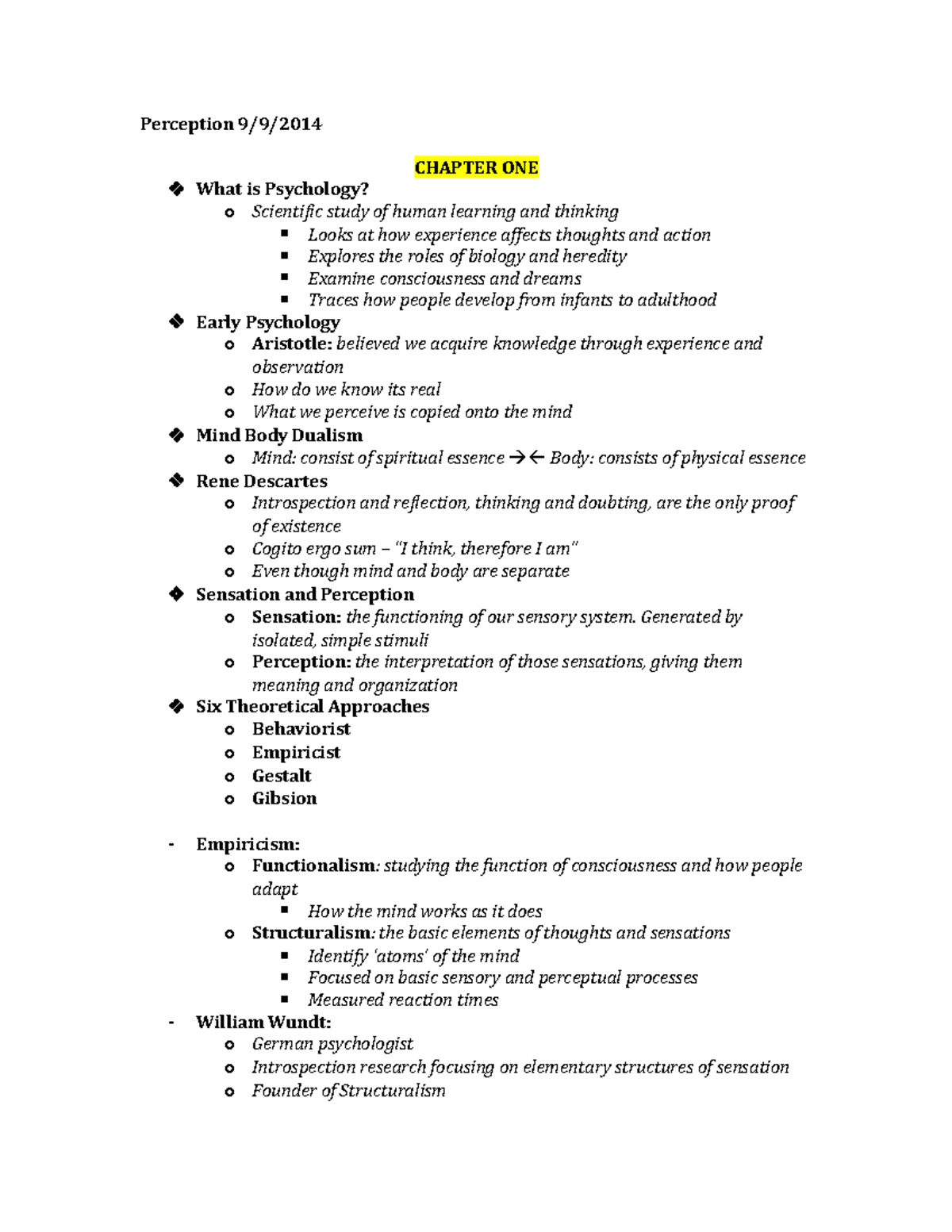 Chapter 1 - Lecture notes 1 - Perception CHAPTER ONE What is Psychology ...