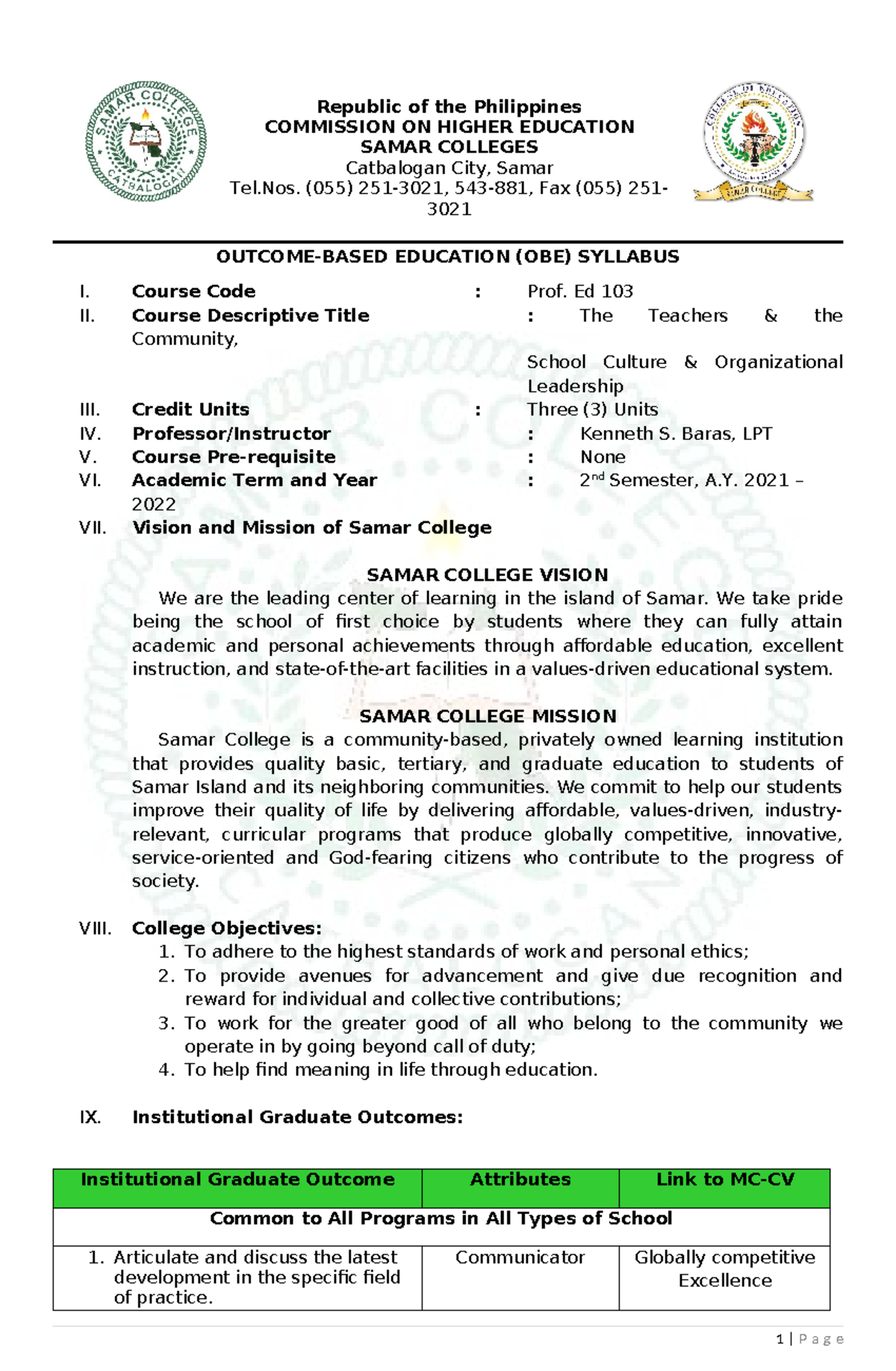 PROF - Republic of the Philippines COMMISSION ON HIGHER EDUCATION SAMAR ...