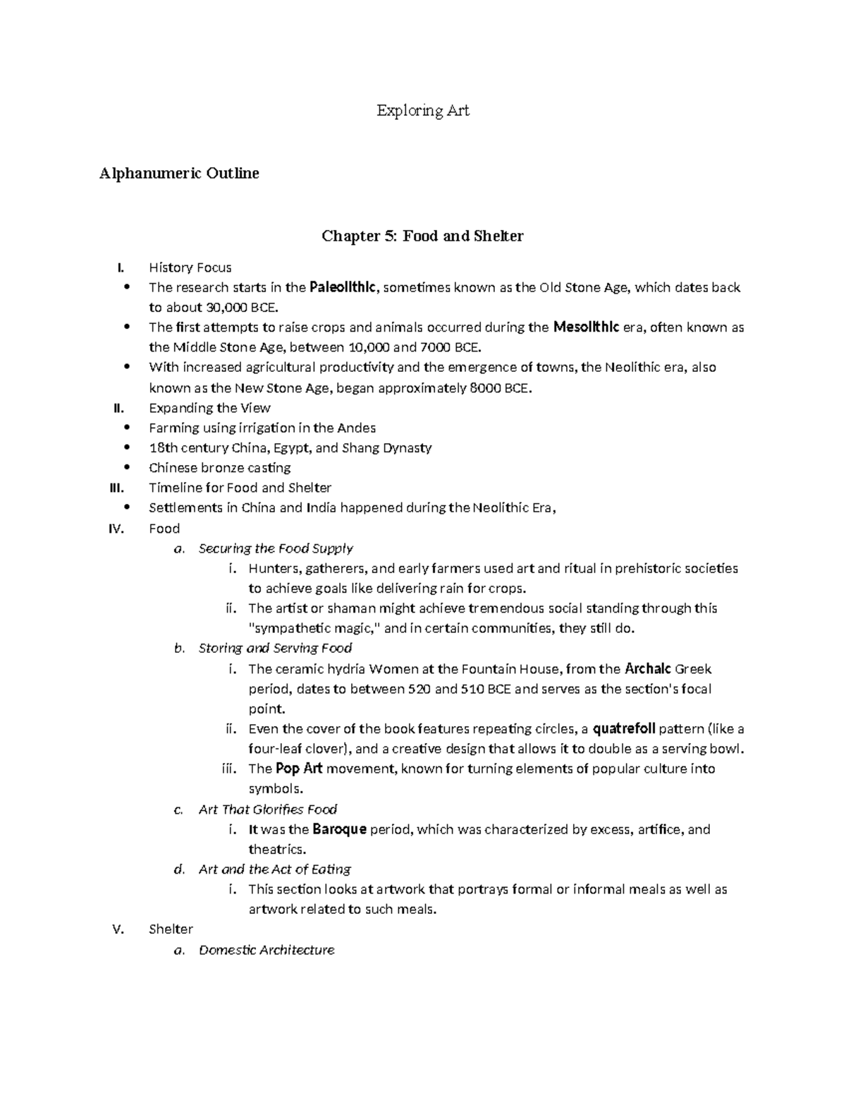 Chapter 5 - Exploring Art Alphanumeric Outline Chapter 5: Food and ...