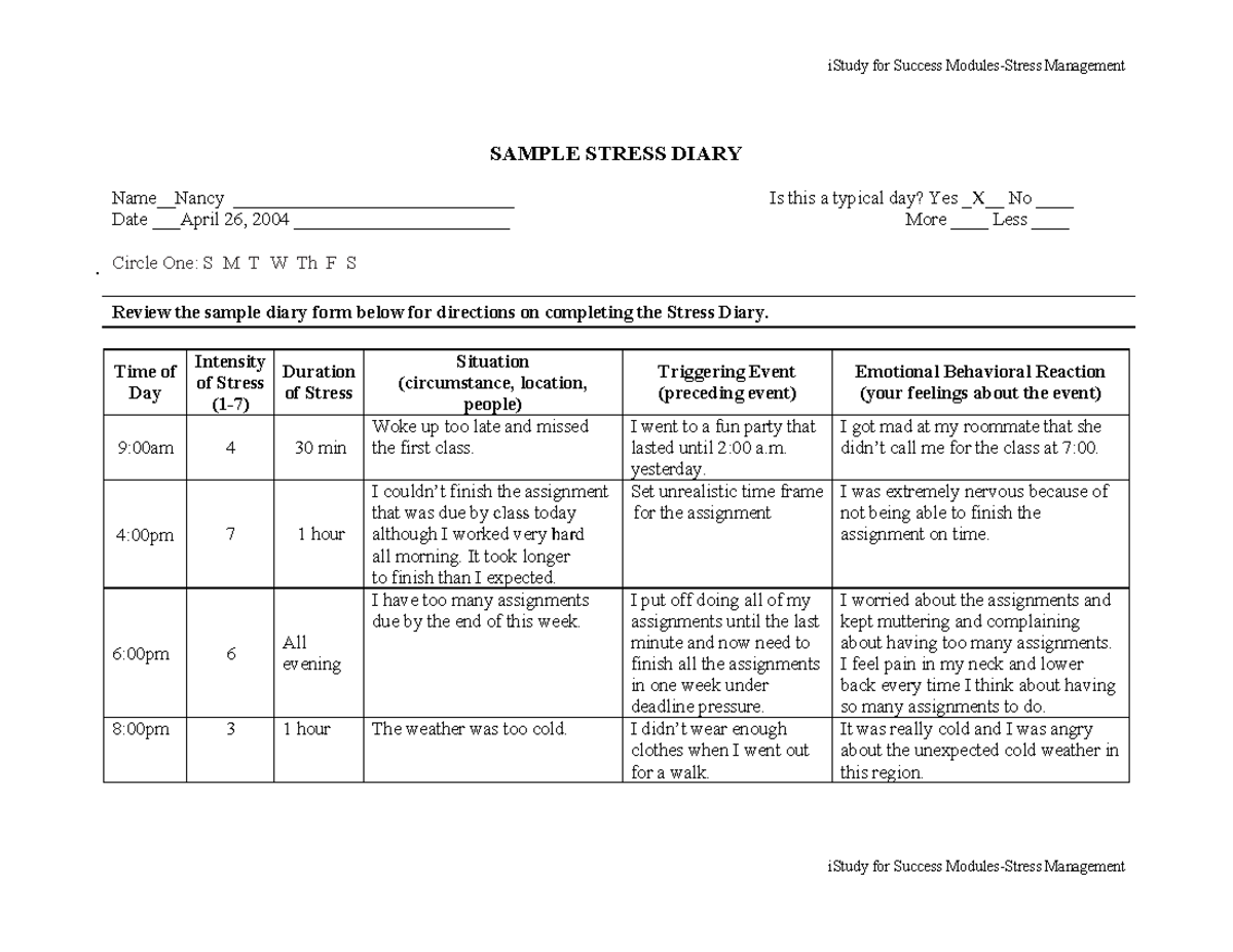 Stress Diary Sample IStudy For Success Modules Stress Management