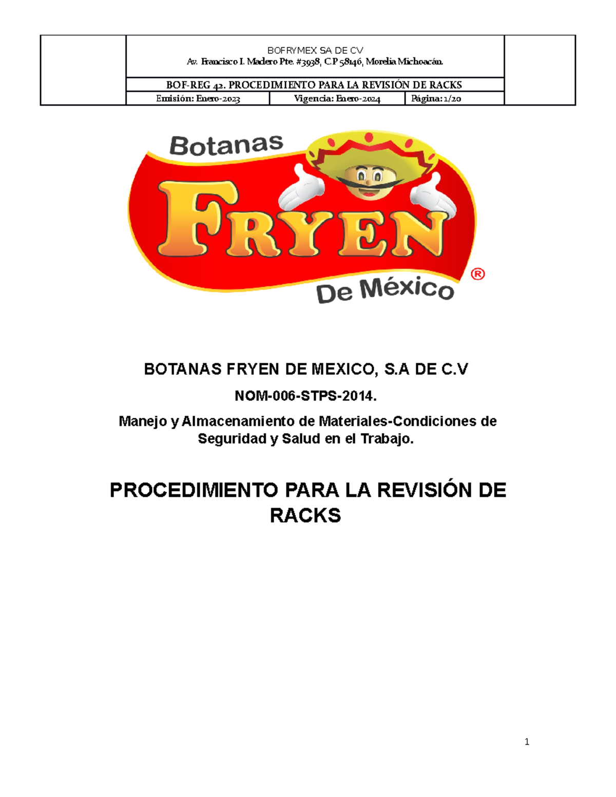 BOF-REG 42. Procediemiento para la Revisión de Racks - BOTANAS FRYEN DE ...