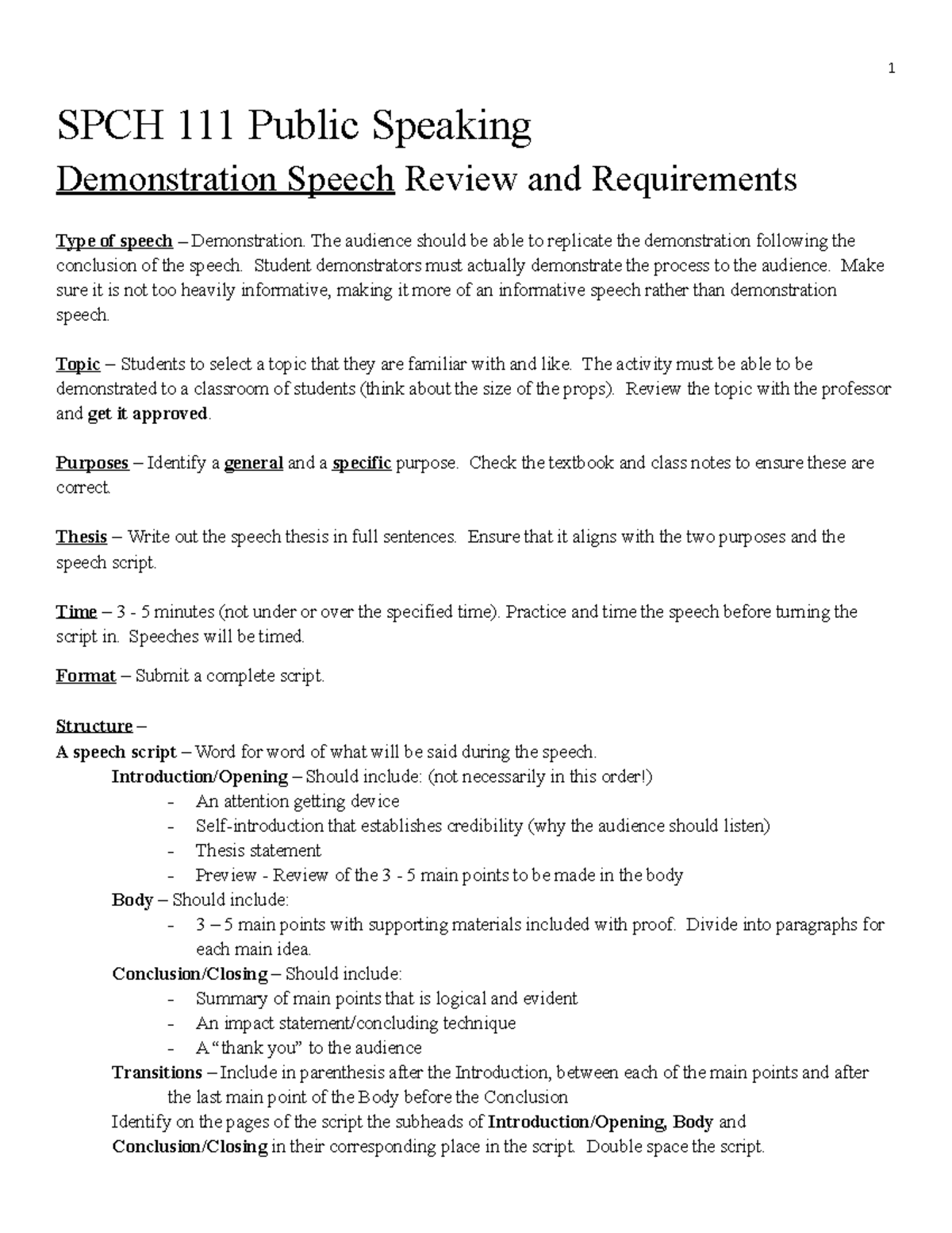 Demonstration Speech Review - 1 SPCH 111 Public Speaking Demonstration ...