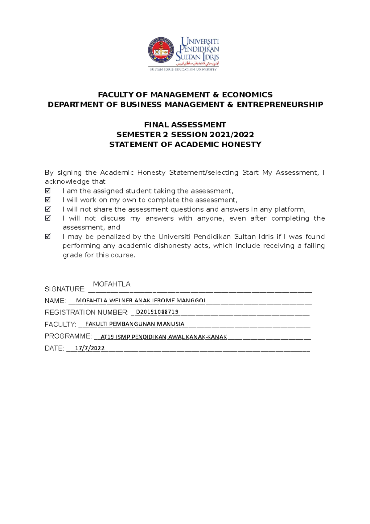 Academic Honesty Statement - FACULTY OF MANAGEMENT & ECONOMICS ...
